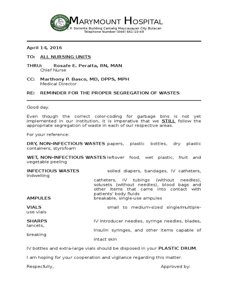 Waste Segregation Memo