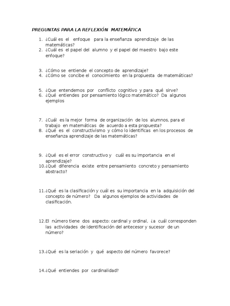 Preguntas para La Reflexión de Las Matematicas en Primaria | PDF