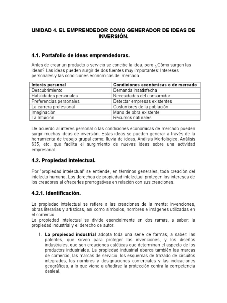 Unidad 4 El Emprendedor Como Generador de Ideas de Inversion | PDF ...