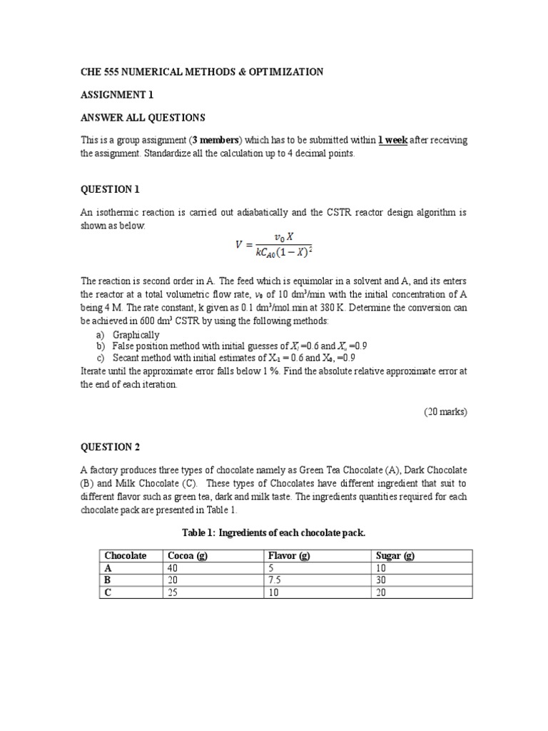 Che 555 Numerical Methods & Optimization Assignment 1 Answer All Questions | PDF
