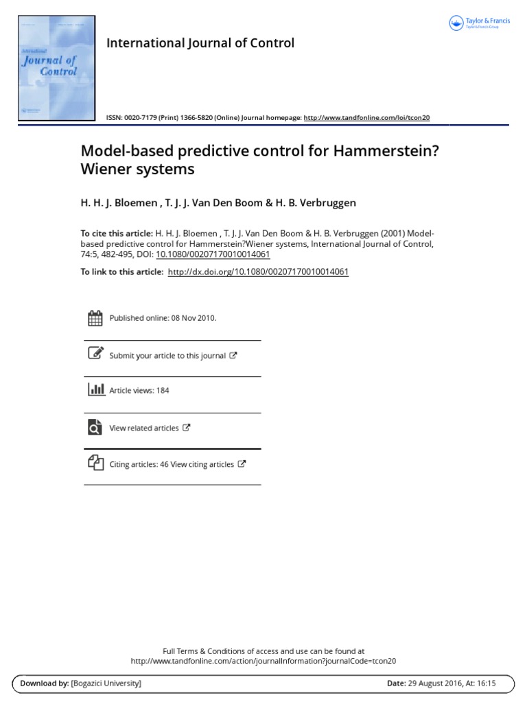 Paper1 - Model Based Predictive Control For Hammerstein Wiener Systems | PDF | Nonlinear System ...