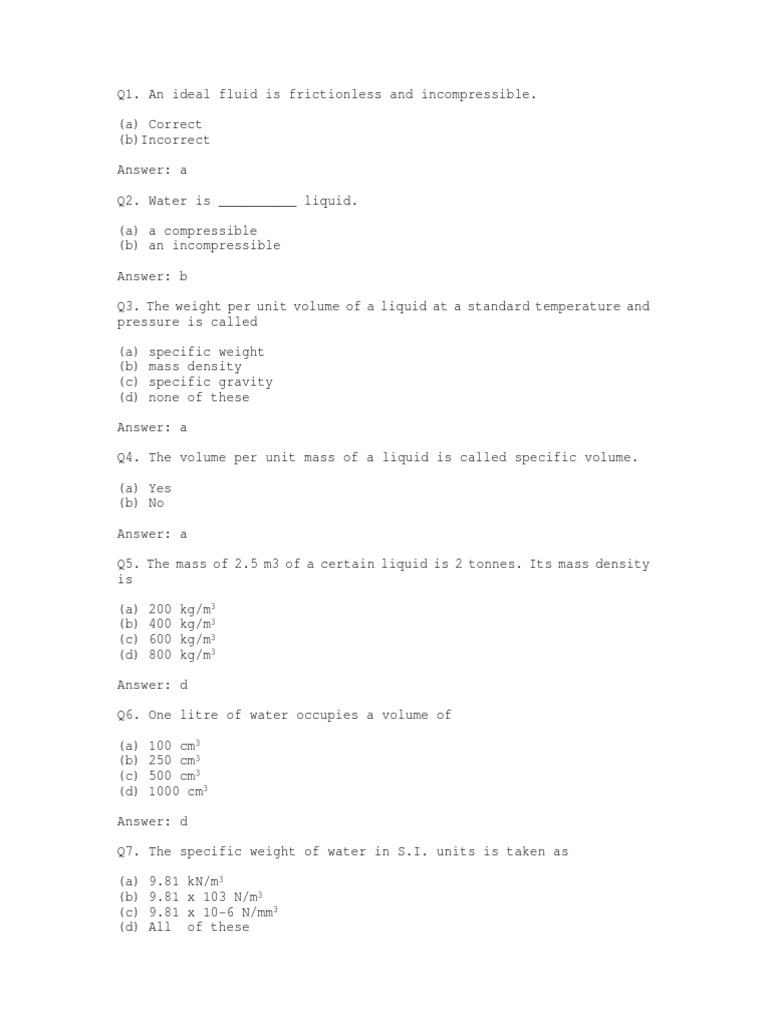 Fluid Mechanics Multiple Choice Questions | PDF | Buoyancy | Viscosity