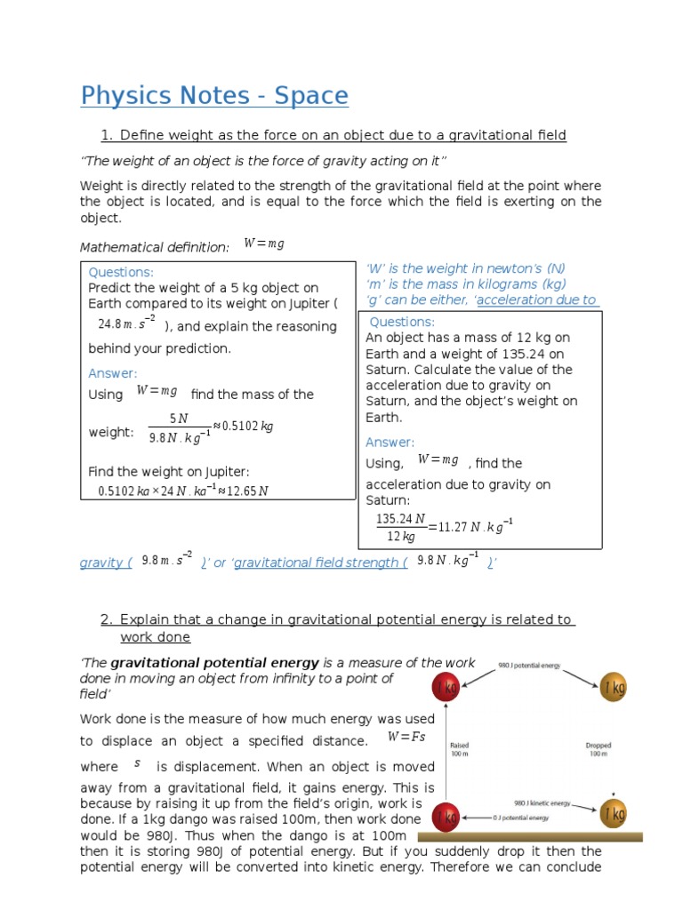 Physics Notes - Space: "The Weight of An Object Is The Force of Gravity ...