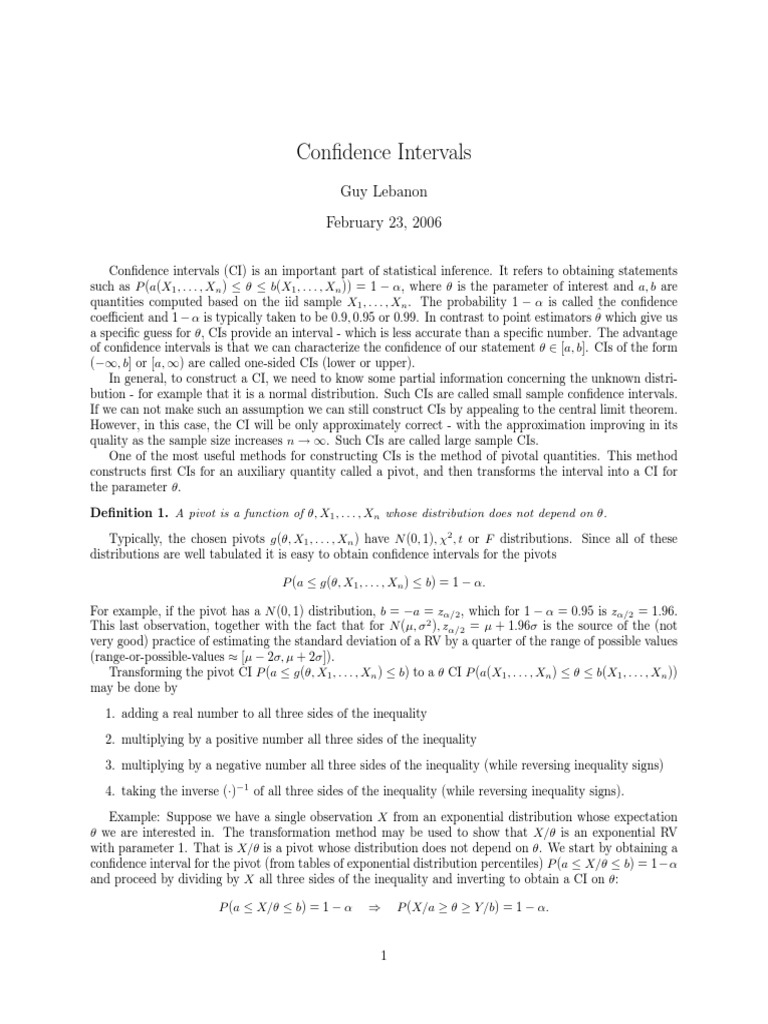 Confidence Intervals: Guy Lebanon February 23, 2006 | PDF | Confidence Interval | Statistical Theory