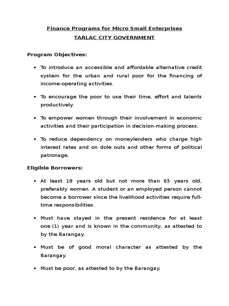 Finance Programs For Micro Small Enterprises Tarlac City Government ...