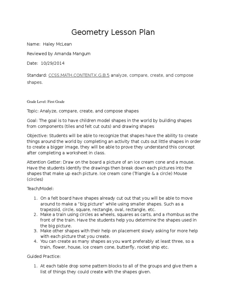 Geometry Lesson Plan: Ccss - Math.Content.K.G.B.5 | PDF