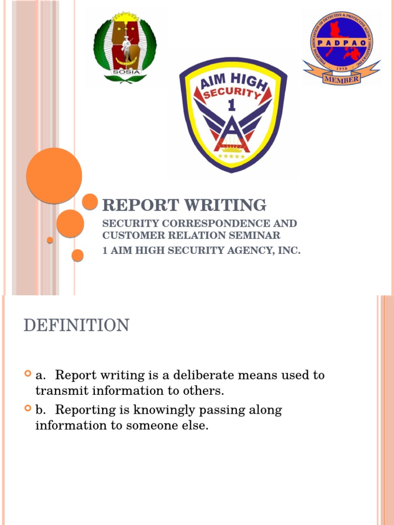 Report Writing: Security Correspondence and Customer Relation Seminar 1 ...