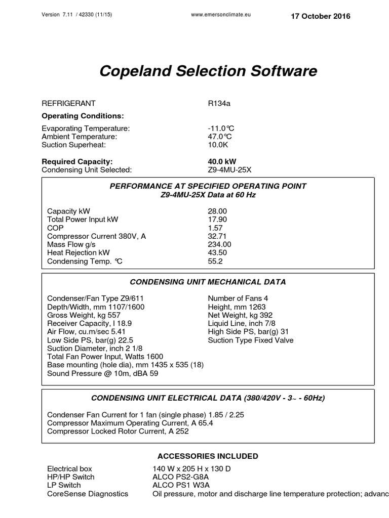 Copeland Selection Software: 17 October 2016 | PDF