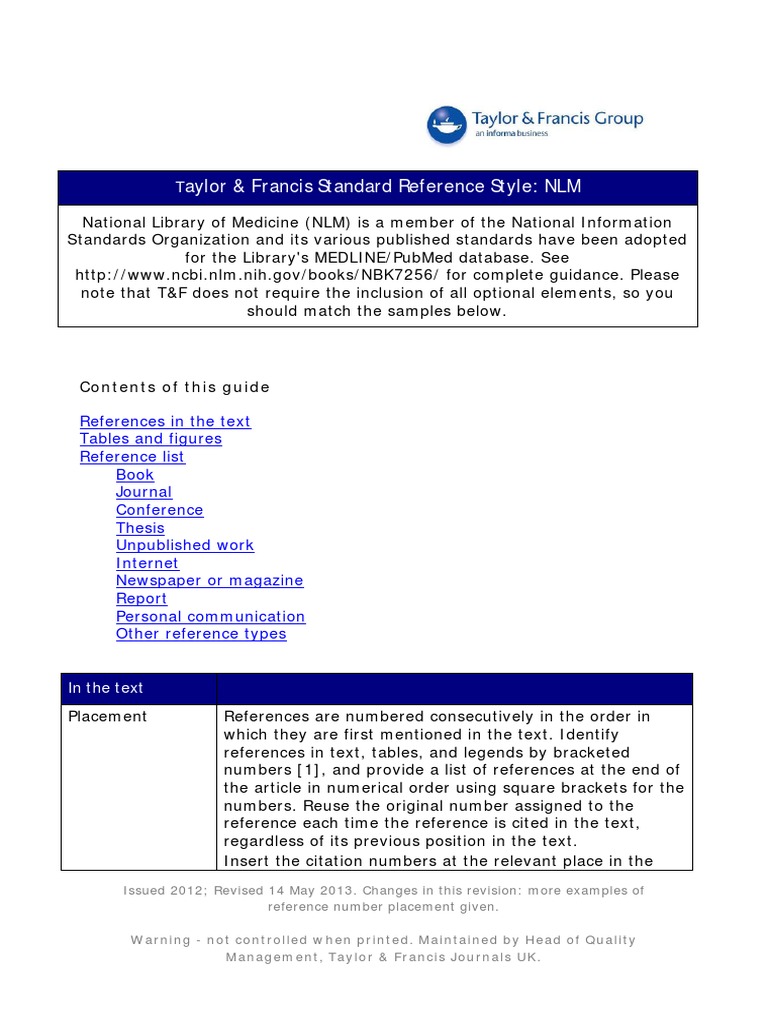 Aylor & Francis Standard Reference Style: NLM: Contents of This Guide ...