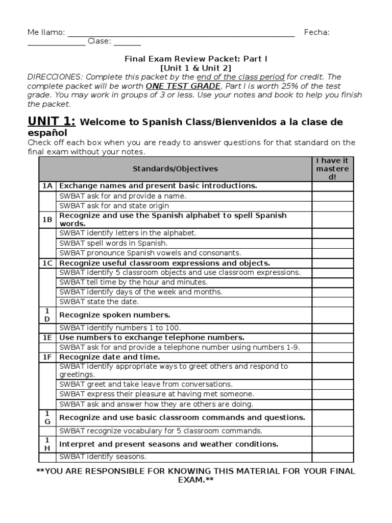 Span I Review Packet I | PDF | Spanish Language | Linguistic Typology