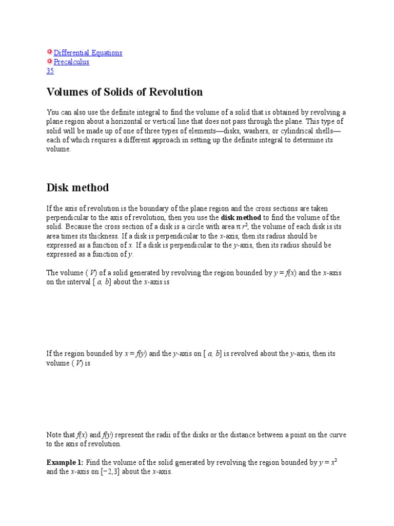 Volumes of Solids of Revolution: Differential Equations Precalculus 35 ...