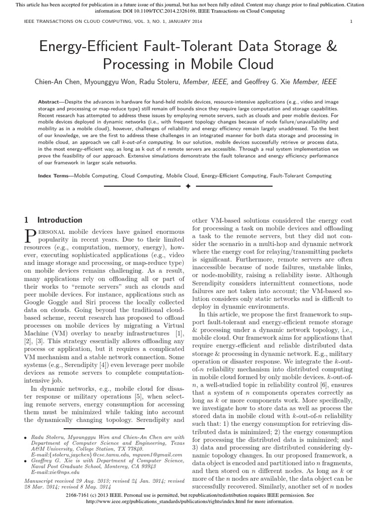 Energy Efficient Fault Tolerant Data Storage and Processing in Mobile Cloud | PDF | Network ...
