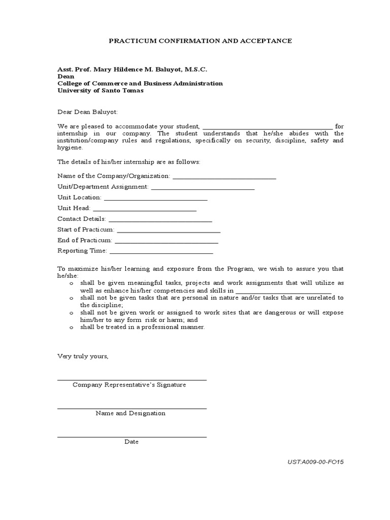 Practicum Confirmation and Acceptance: UST:A009-00-FO15 | PDF