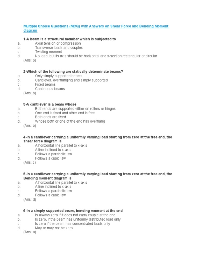 Multiple Choice Questions (MCQ) With Answers On Shear Force and Bending ...