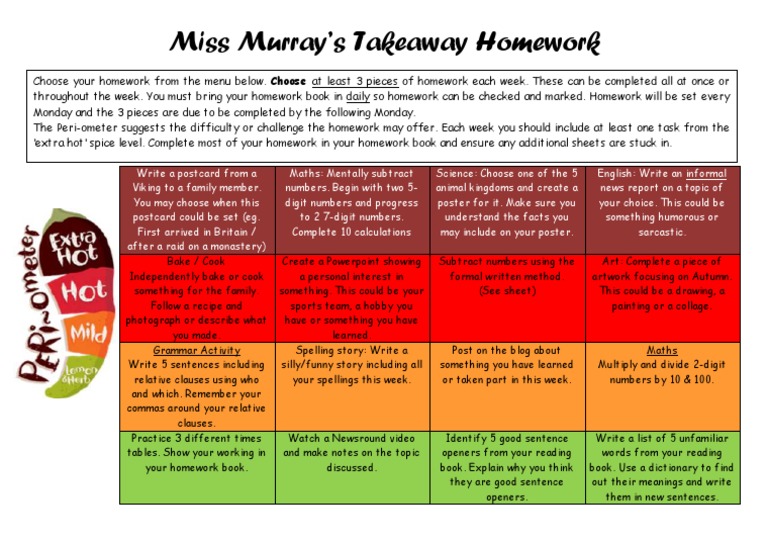 Weekly Homework Menu for Students | PDF | Language Arts & Discipline