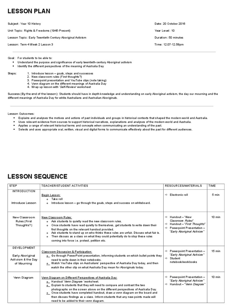 Lesson Plan - Yr 10 History wk2 l4 Aboriginal Activism | PDF | Lesson Plan | Teaching