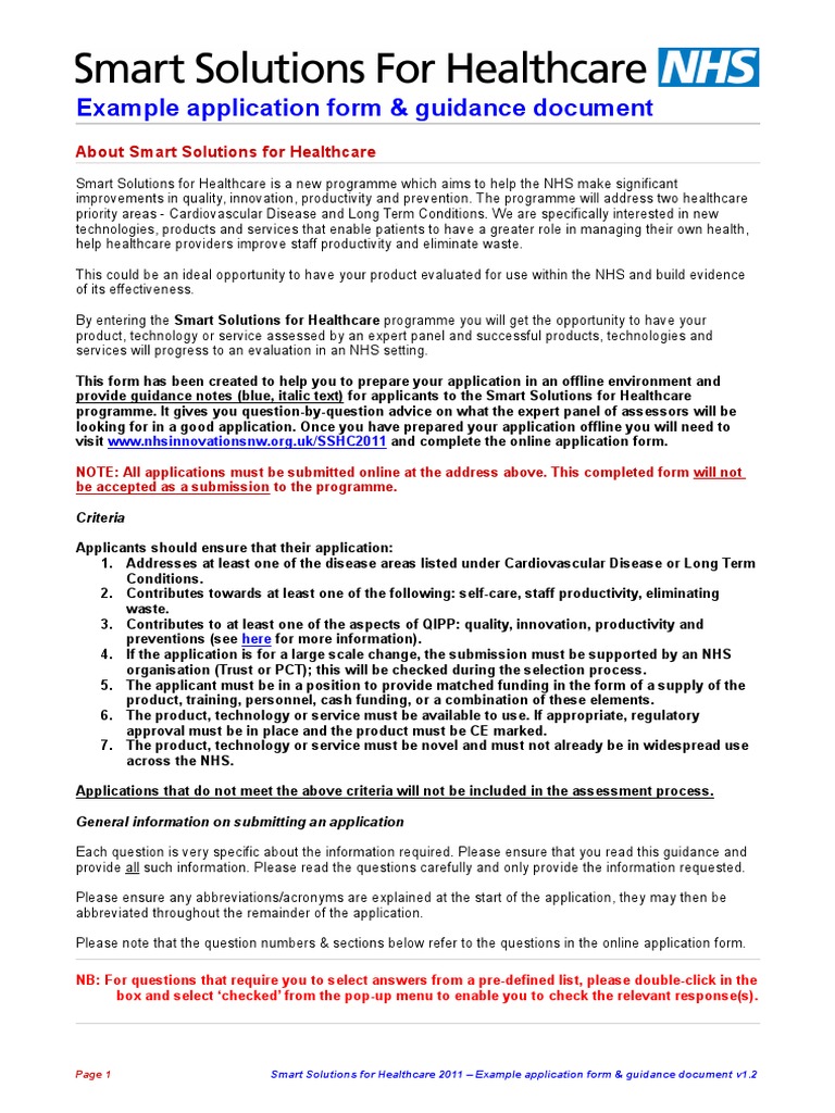 Smart Solutions For Healthcare Example Application Form Guidance ...