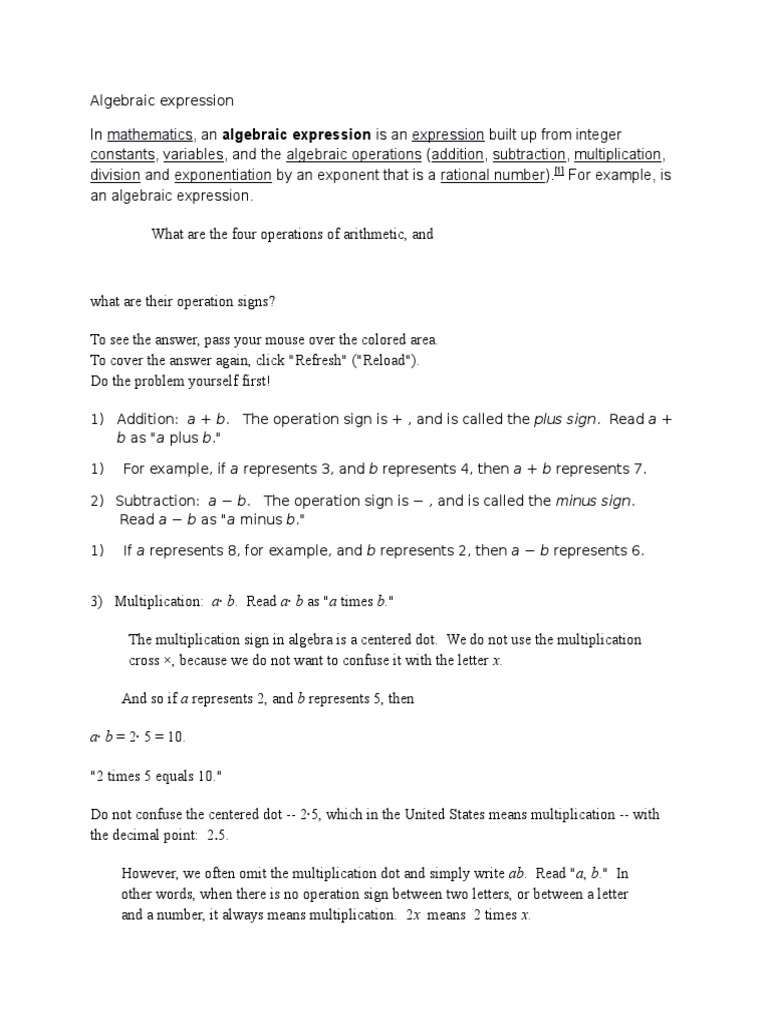 Algebraic Expressions Guide | PDF | Multiplication | Exponentiation