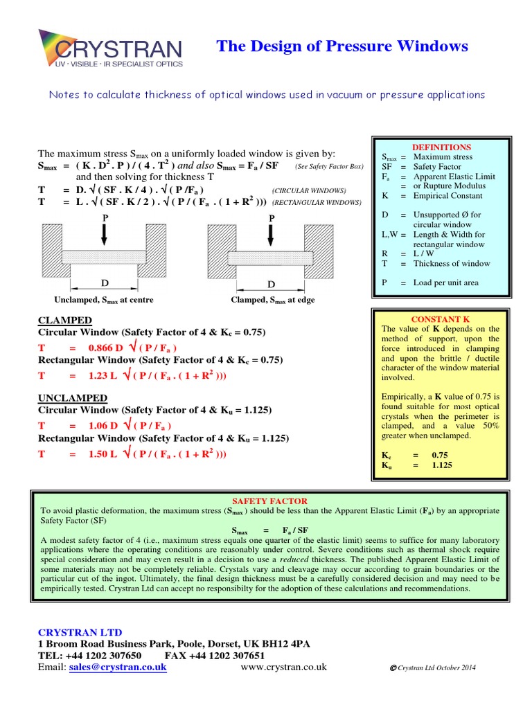 The Design of Pressure Windows: Notes To Calculate Thickness of Optical ...