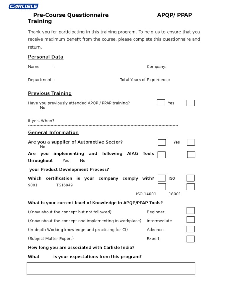 Pre-Course Questionnaire APQP/ PPAP Training | PDF