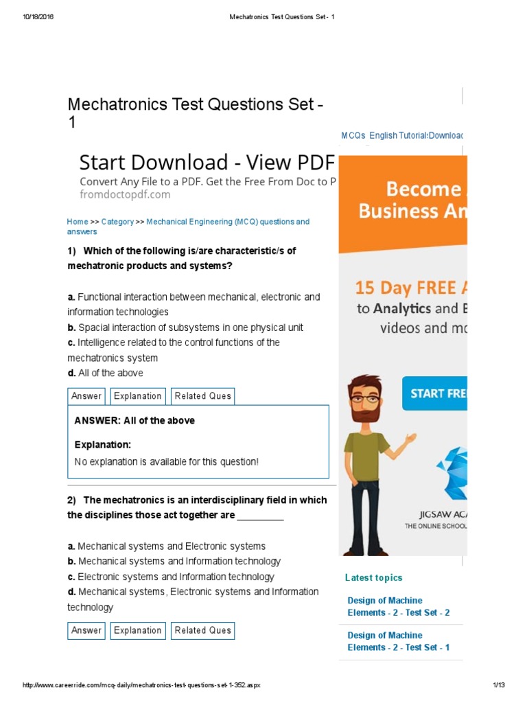 Mechatronics Test Questions Set - 1 | PDF | Control System | Data ...