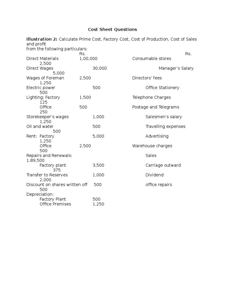 Cost Sheet Questions | PDF