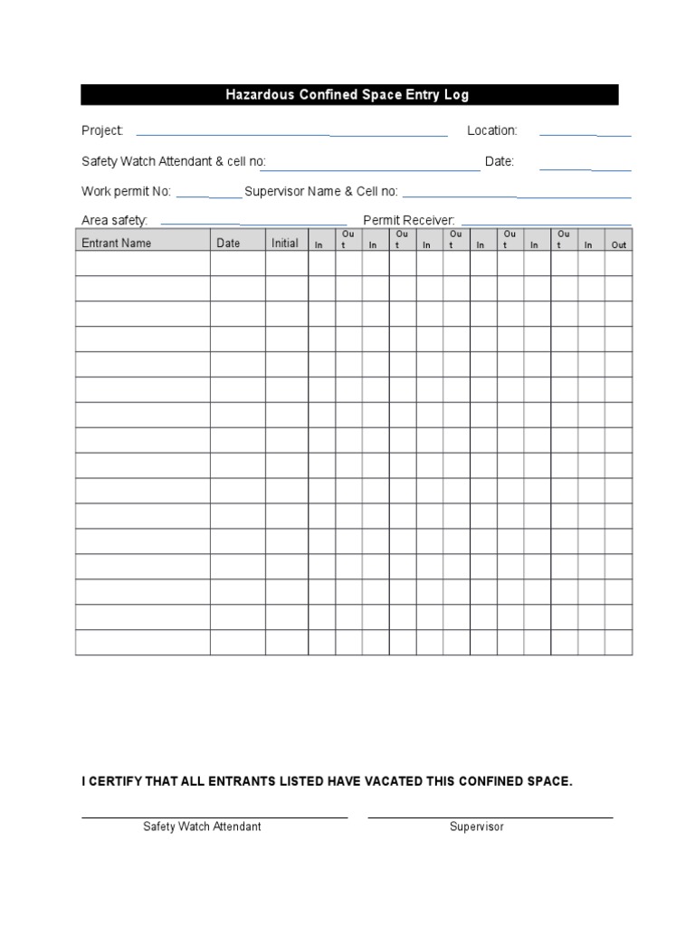 Hazardous Confined Space Entry Log: Entrant Name Date Initial | PDF