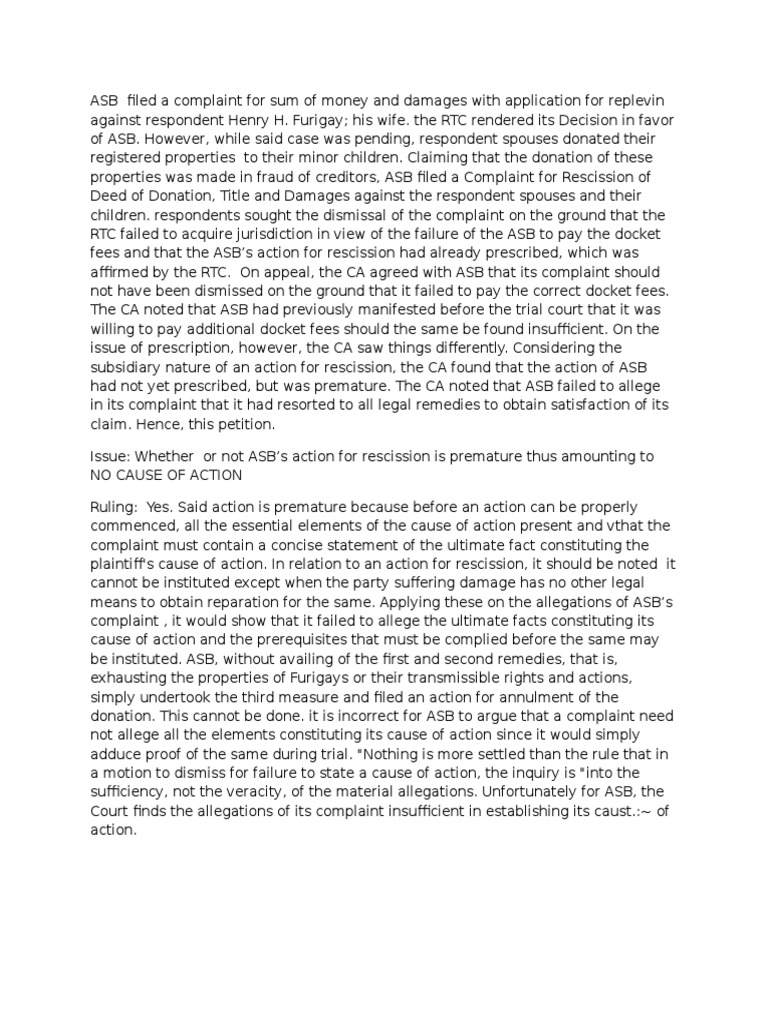 Action for Rescission of Property Donation Premature Without Exhausting ...
