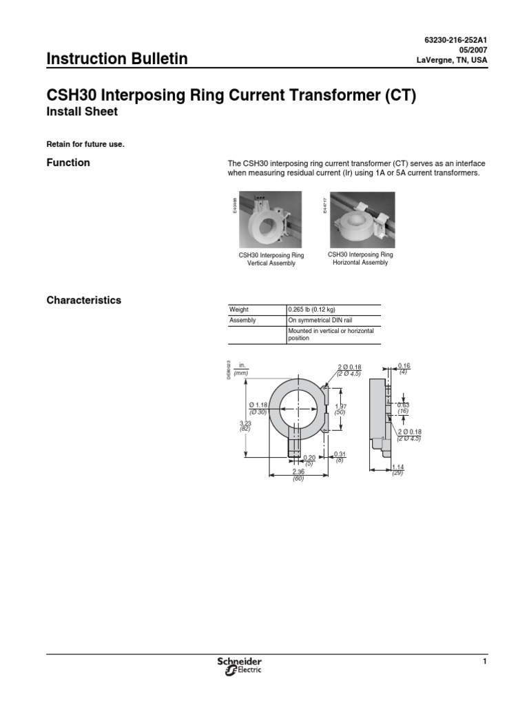 Instruction Bulletin CSH30 Interposing Ring Current Transformer (CT) | PDF