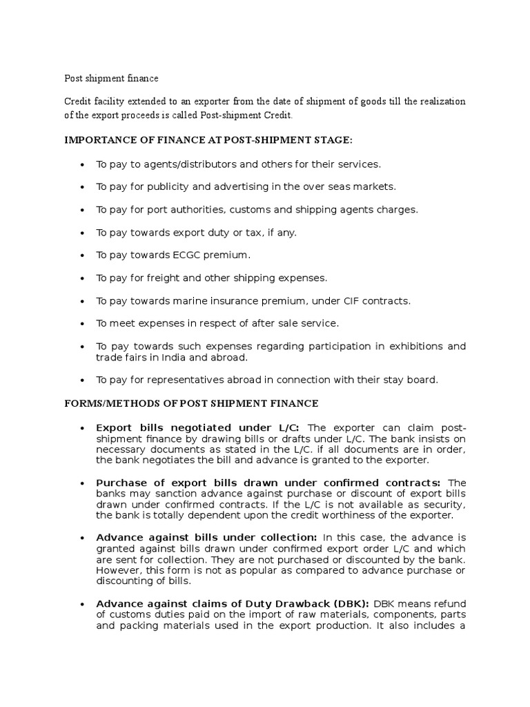 Post Shipment Finance | PDF | Credit (Finance) | Invoice