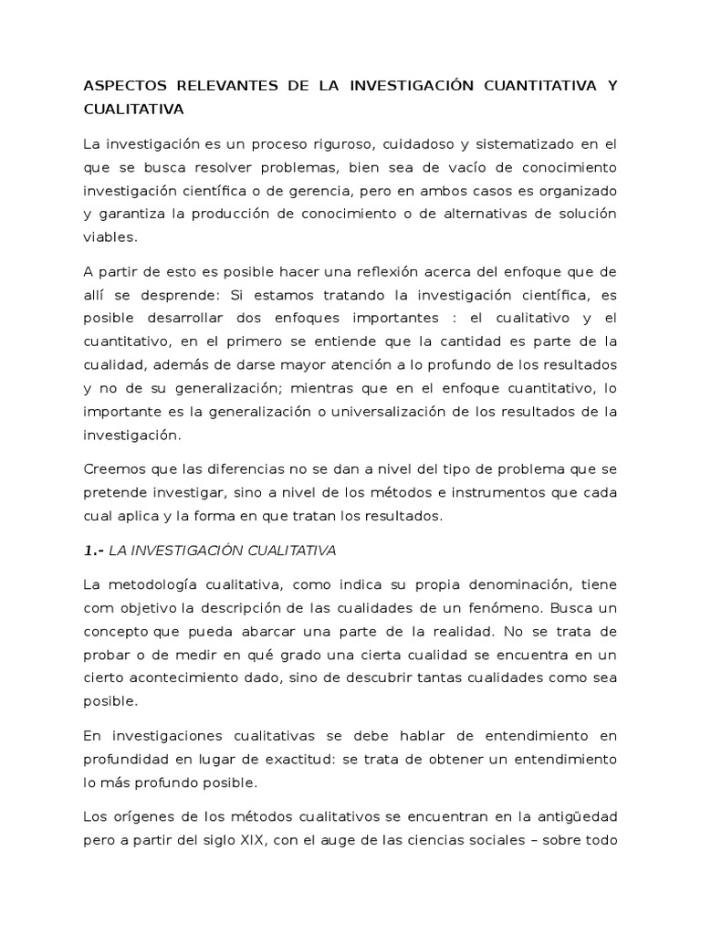 Aspectos Relevantes de La Investigación Cuantitativa y Cualitativa ...
