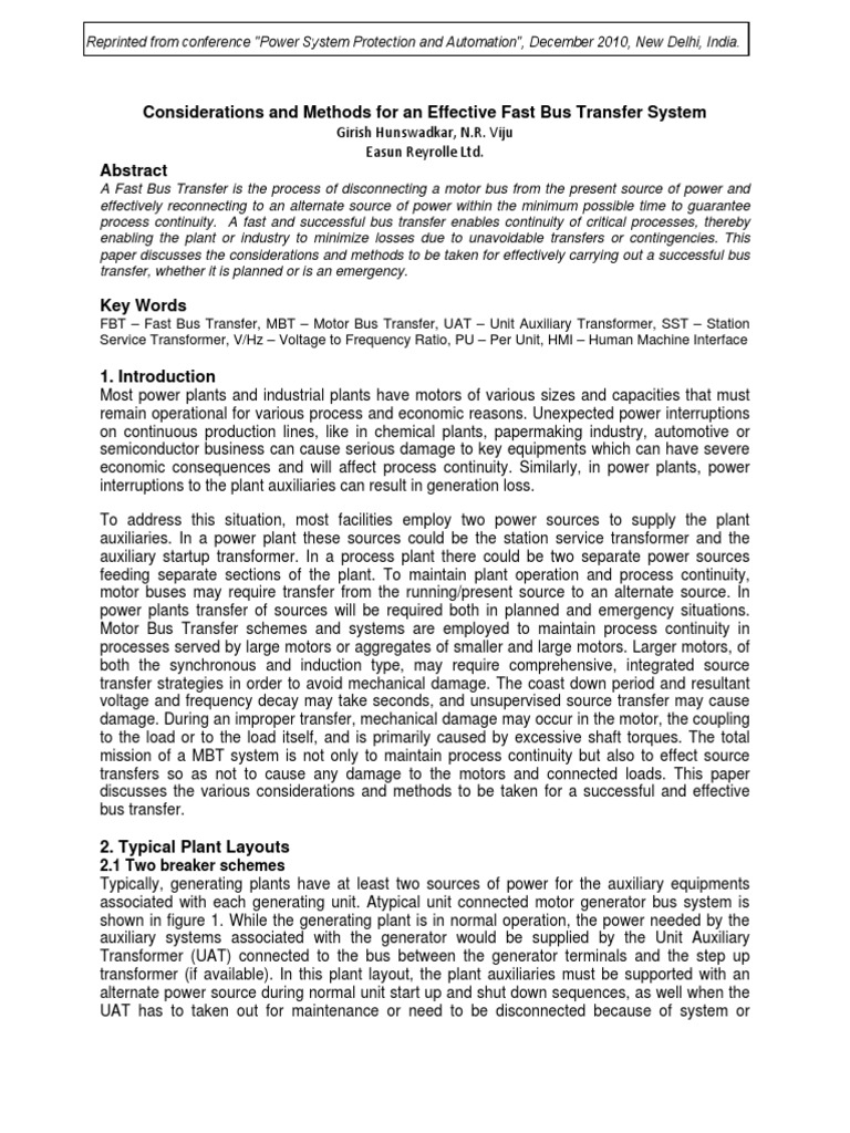 Fast Bus Transfer System Insights | PDF | Engines | Transformer