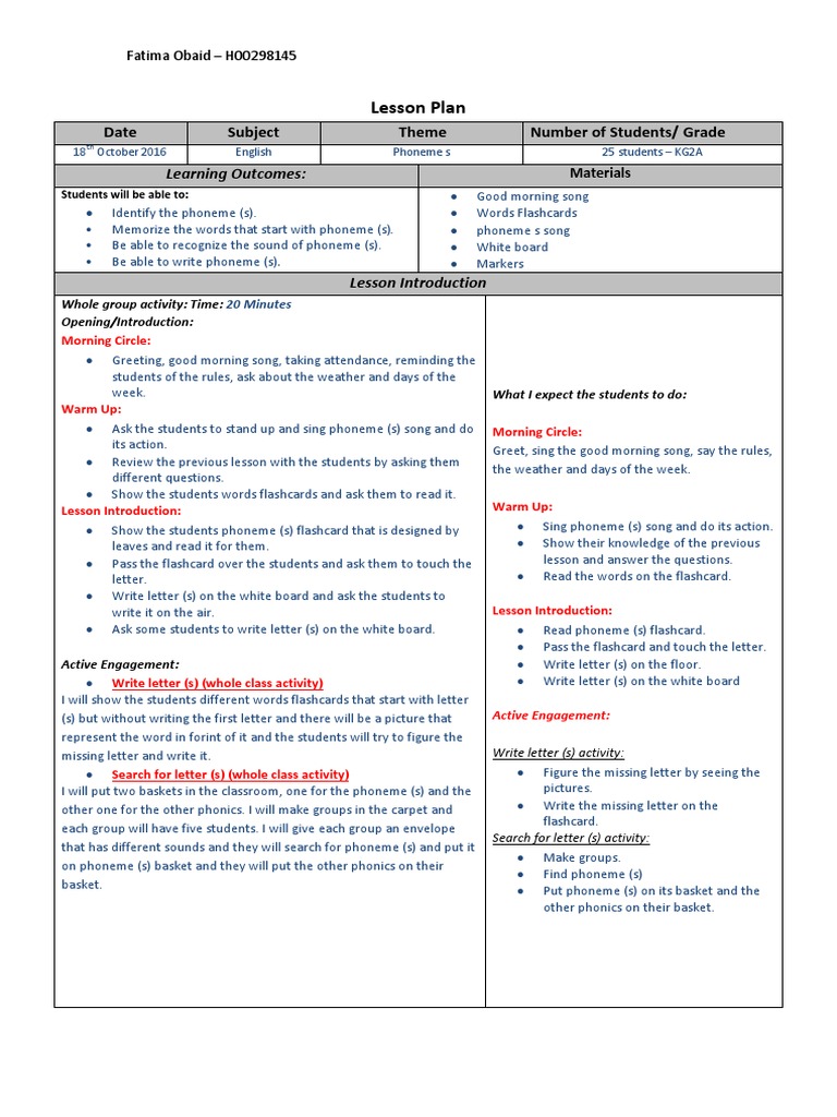 Lesson Plan - Phoneme S | PDF | Phonics | Classroom