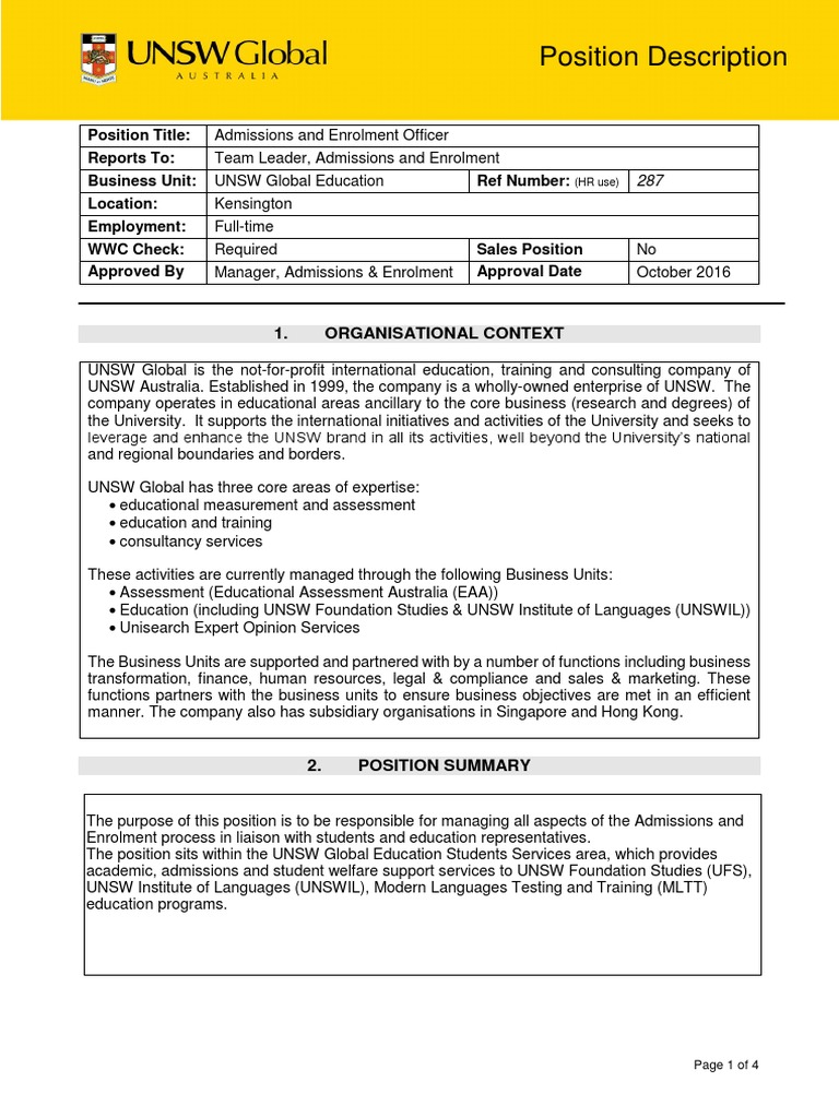 Unsw 287 Admissions and Enrolment Officer PD | PDF | Business | Cognition