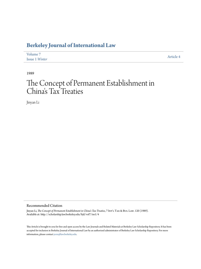 The Concept of Permanent Establishment in China Tax Treaty | PDF ...