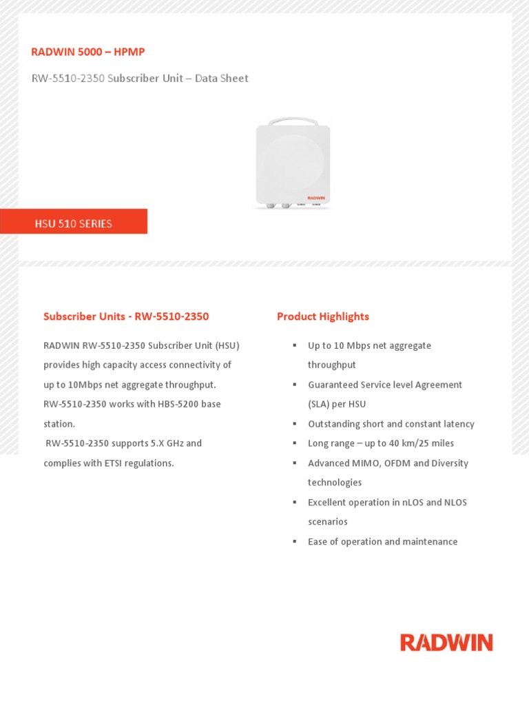 RW-5510-2350 Subscriber Unit - Data Sheet: Radwin 5000 - HPMP | PDF | Wireless | Broadcast ...