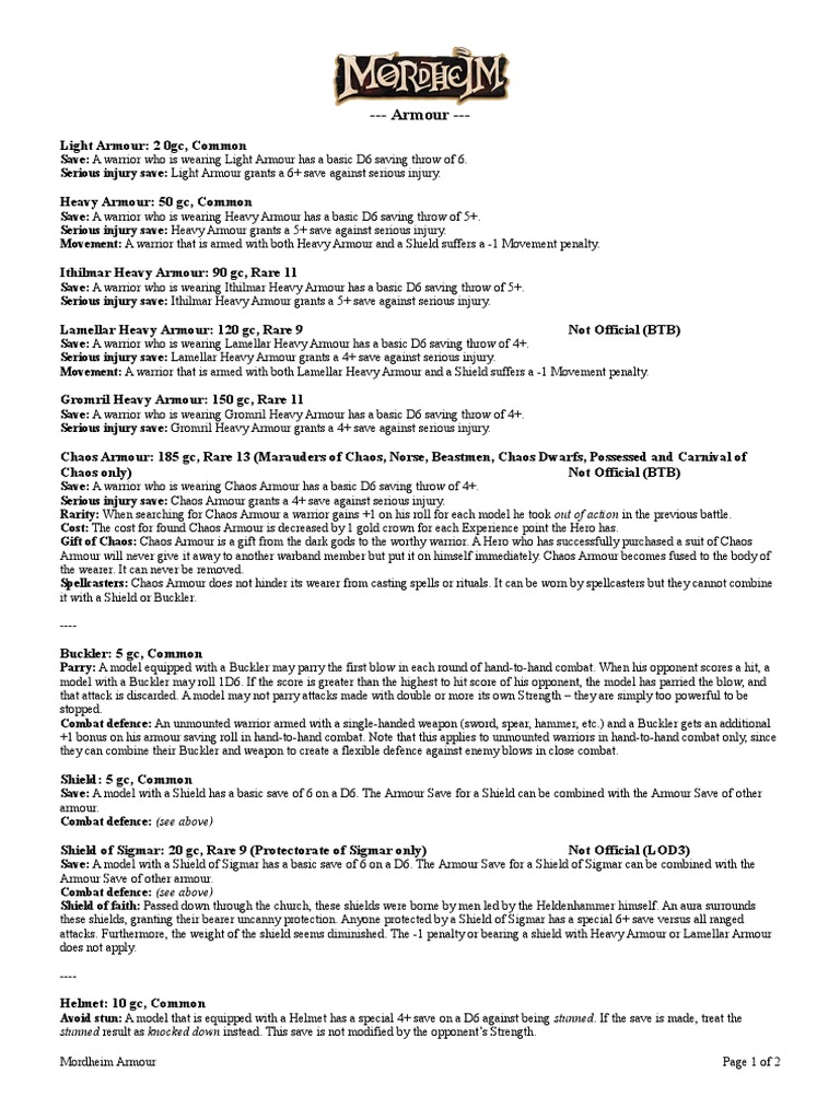 Mordheim Rules - Armour | PDF | Armour | Shield