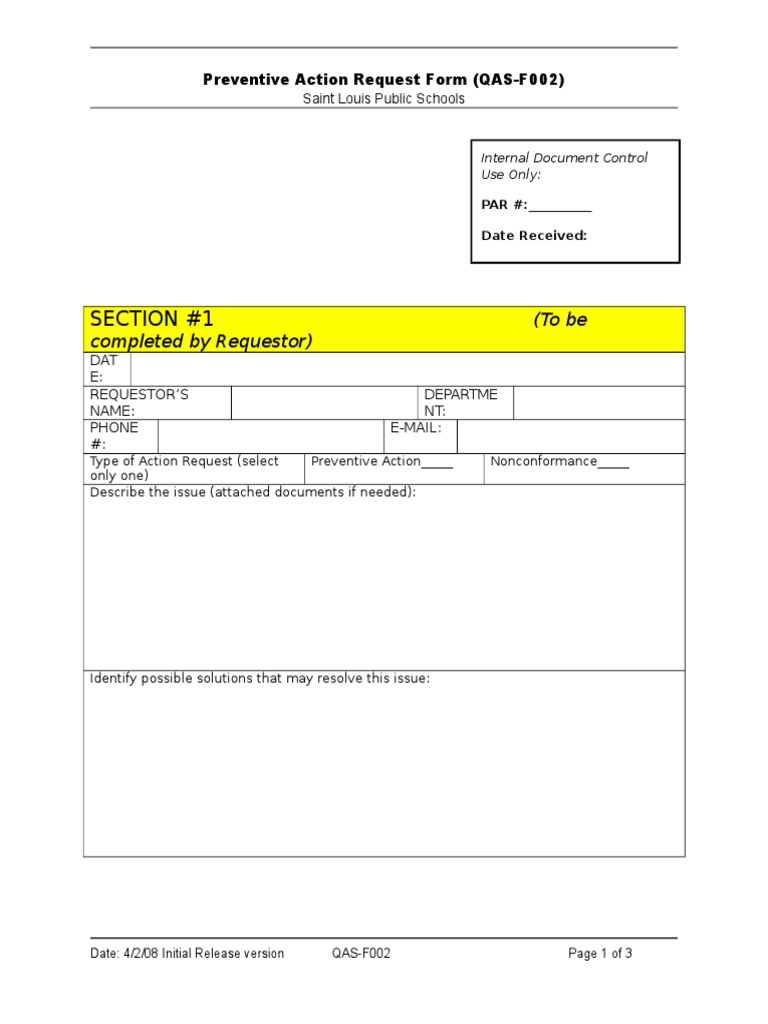 Preventive Action Request Form | PDF