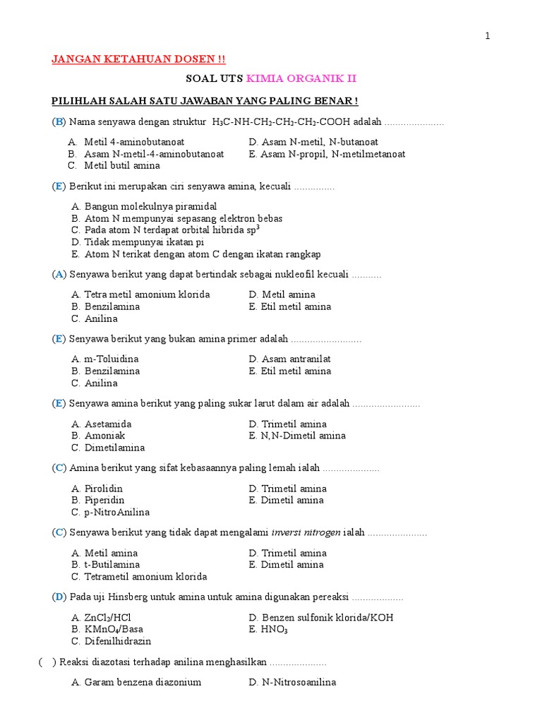 Soal Latihan Uts Kimia Organik II Amina | PDF