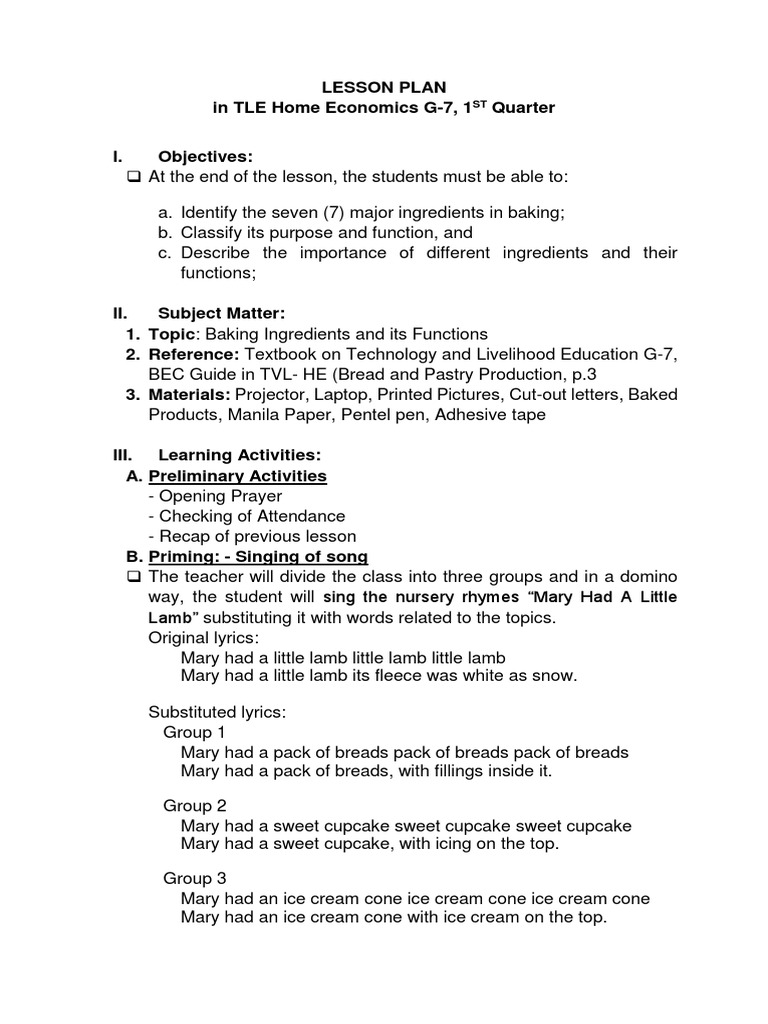 Lesson Plan in TLE-Demo Teaching | PDF | Flour | Cakes
