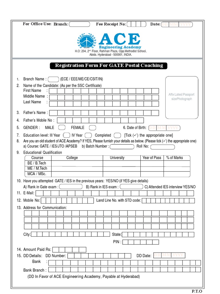Registration Form For GATE Postal Coaching: For Office Use: Branch: Fee ...