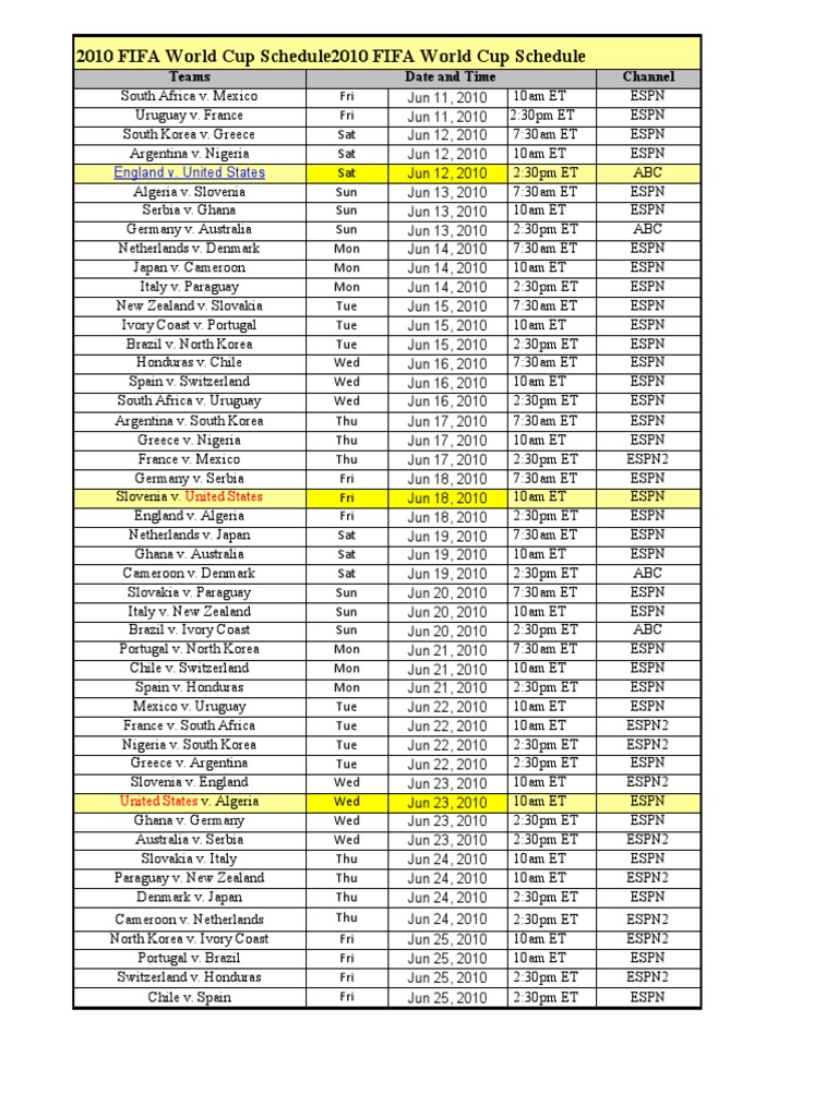 2010 FIFA World Cup Match Schedule | PDF | Espn | National Sports Teams