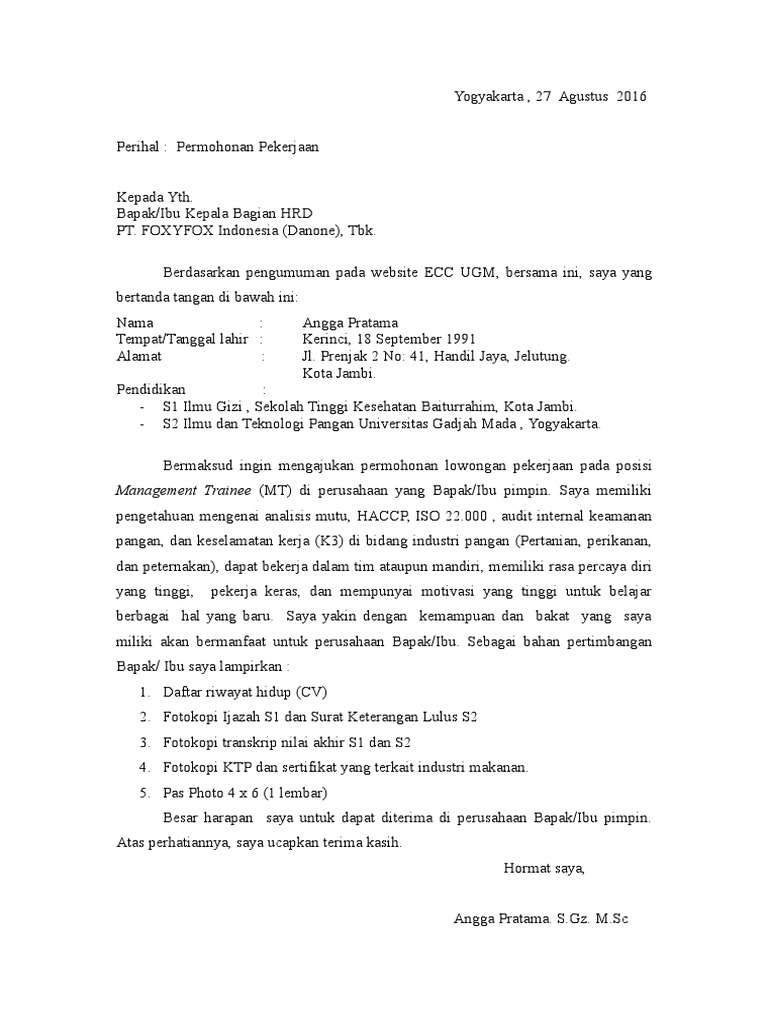 Lamaran Kerja Pt. Danone Foxy | PDF