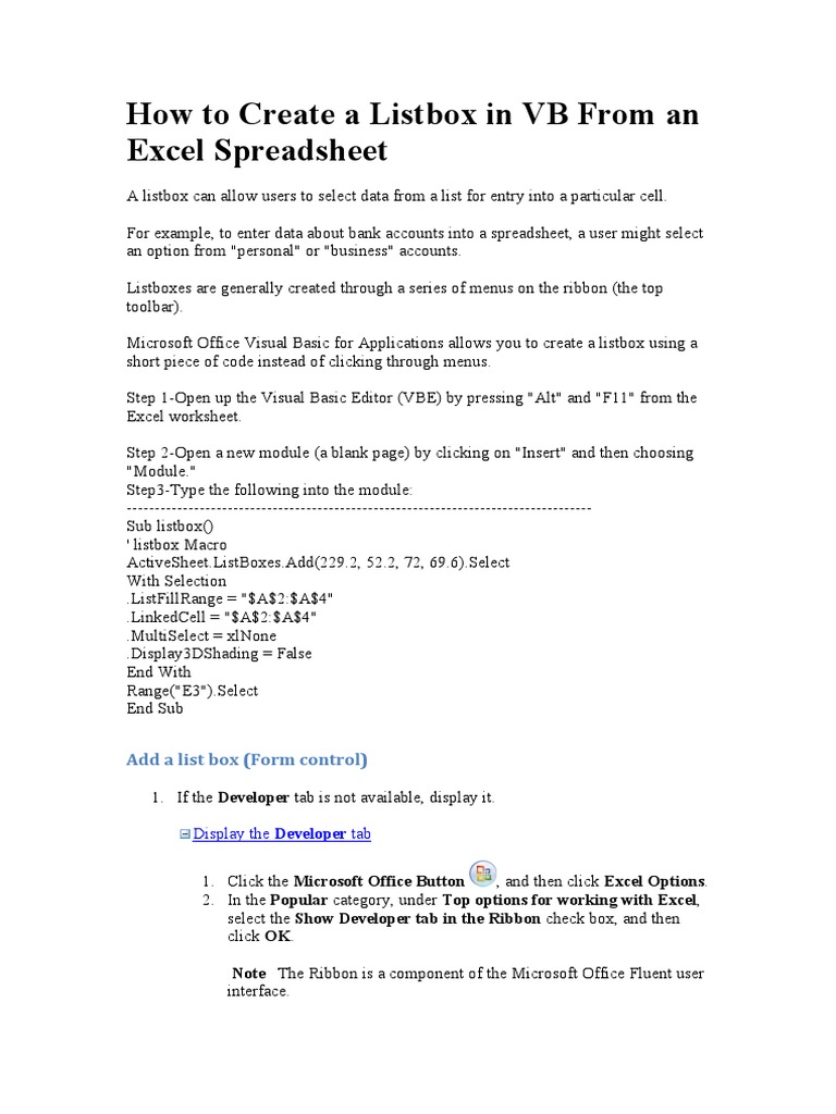 How To Create A Listbox in VB From An Excel Spreadsheet: Add A List Box ...