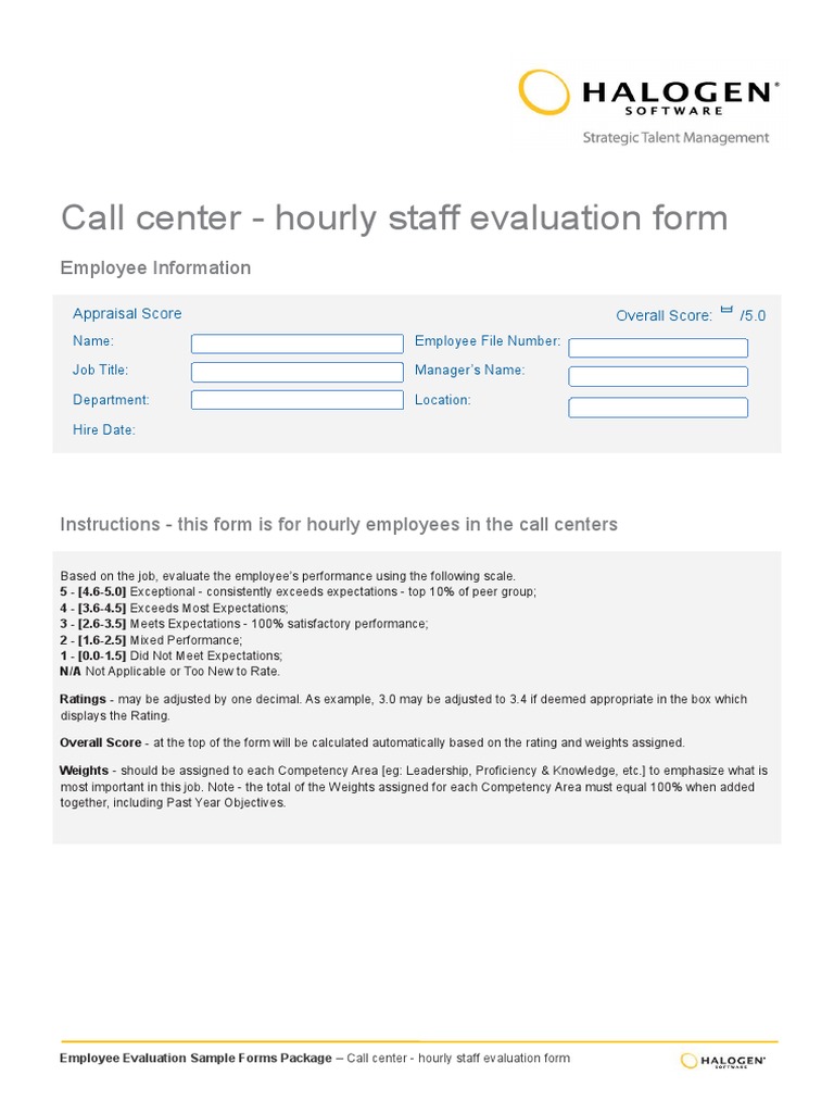 Call Centre Hourly Staff Evaluation Form | PDF | Performance Appraisal ...