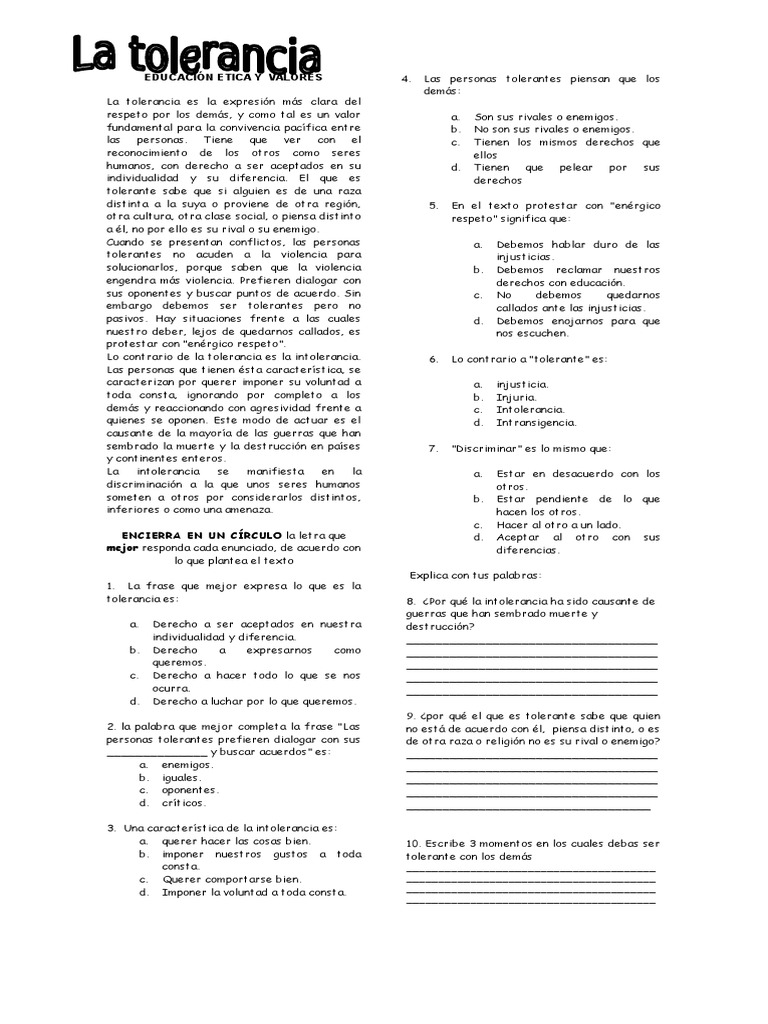 Etica y Valores, Taller Tolerancia | PDF | Tolerancia | Religión y creencia