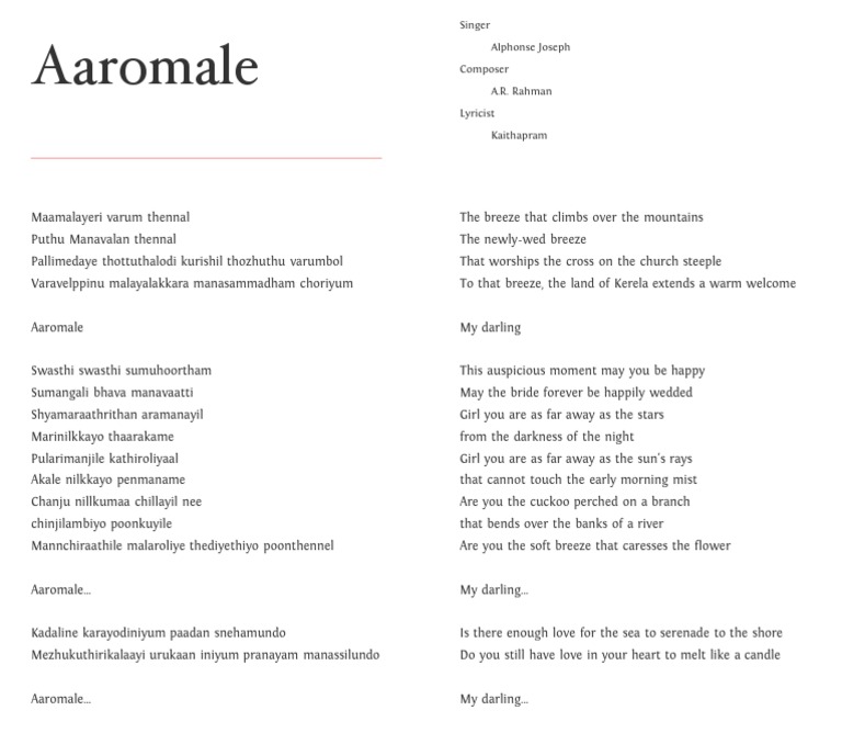 Aaromale Song Lyrics and Meaning | PDF