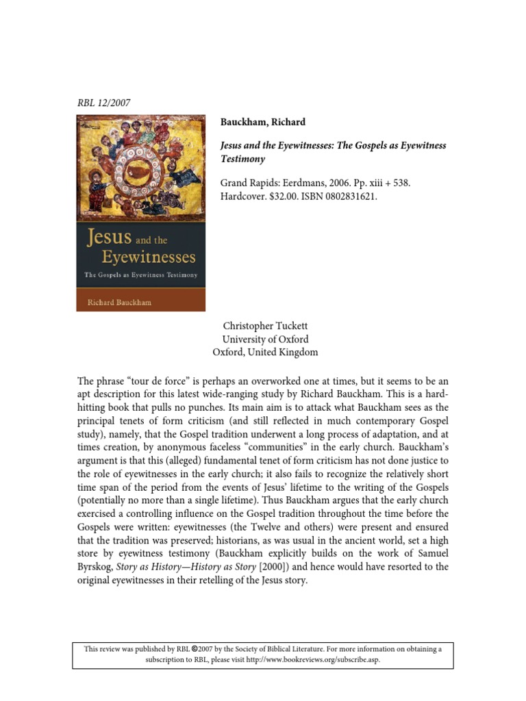 Review Bauckham, Richard, Jesus and The Eyewitnesses - The Gospels As ...