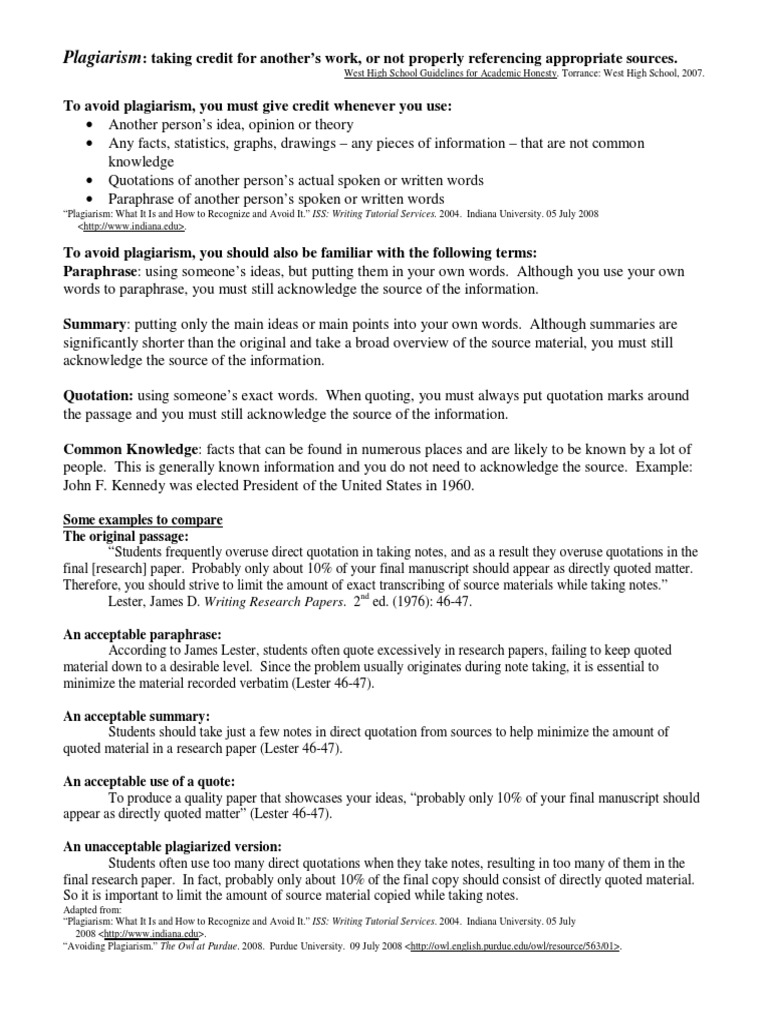 Plagiarism Handout West High | PDF | Plagiarism | Truth