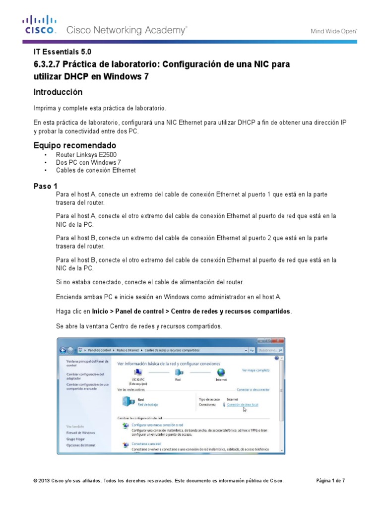 6.3.2.7 Lab - Configure A NIC To Use DHCP in Windows 7 | Descargar gratis PDF | Dirección IP ...
